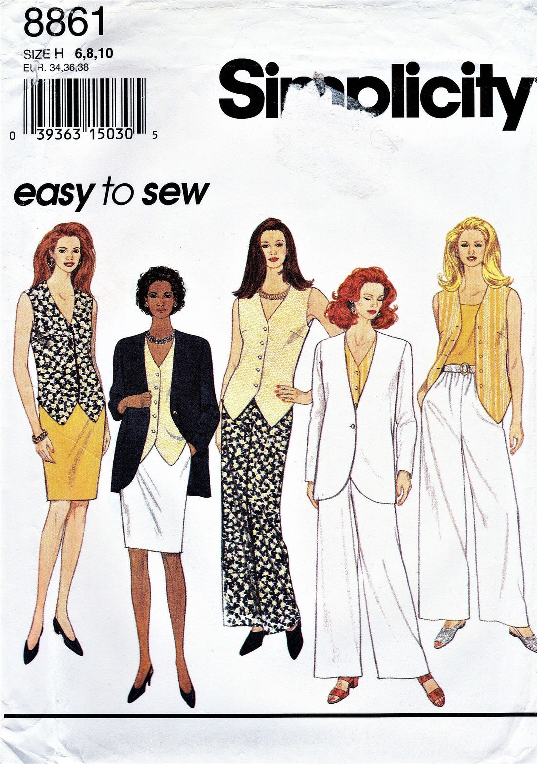 1990's Jacket Vest Pull on Pants Skirt Sewing Pattern, Wide Leg Pants ...