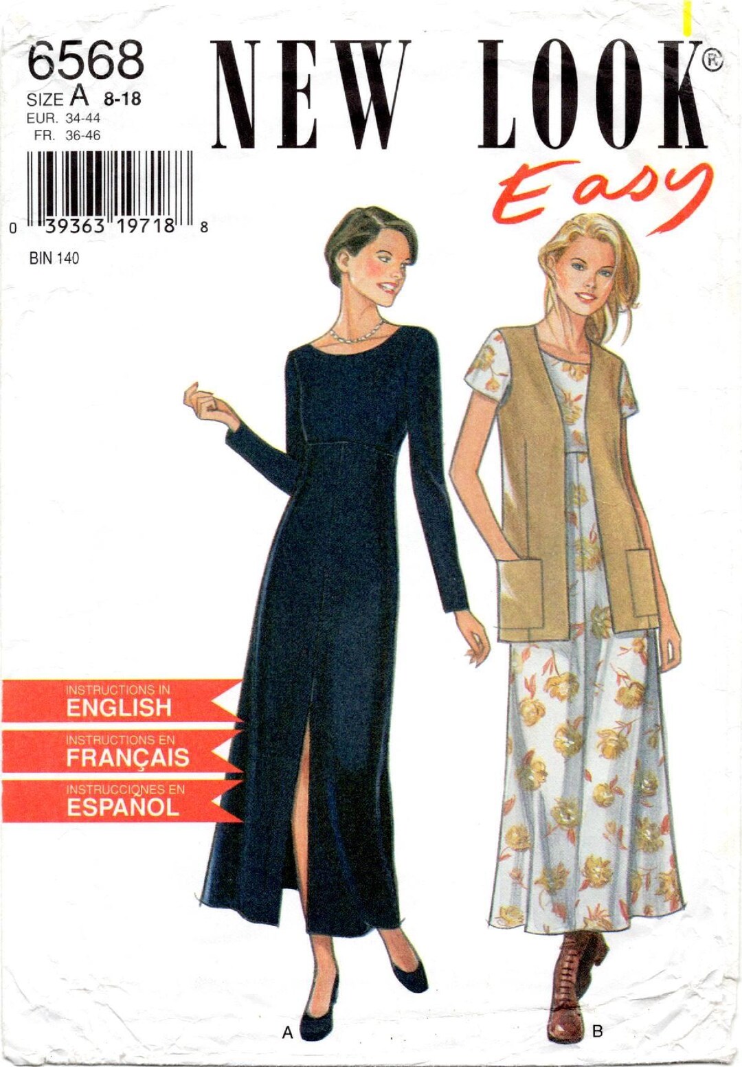 Uncut 1990s New Look 6568, Midi Dress and Vest Empire Waist, Front Slit ...