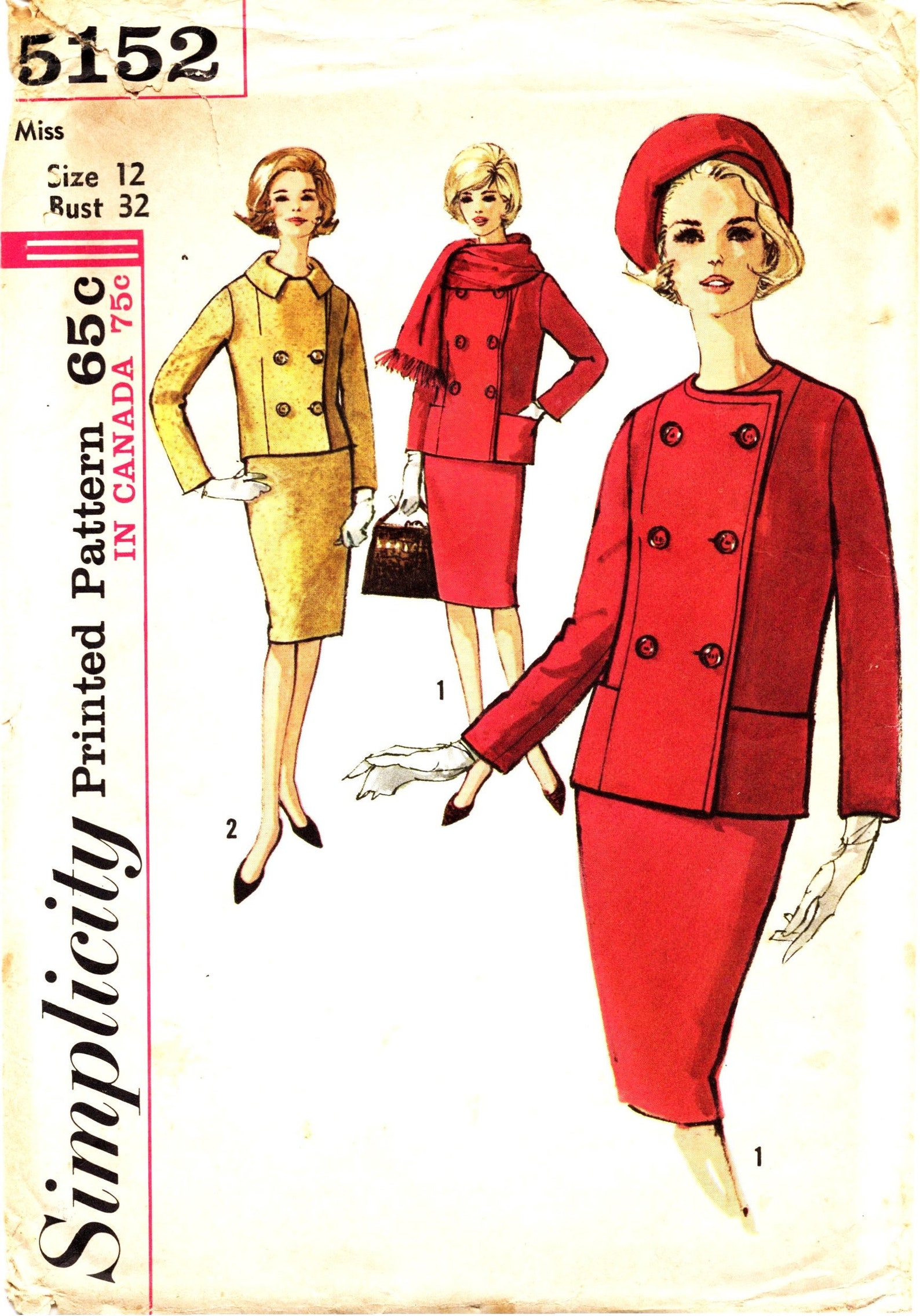 1960s Skirt Jacket Scarf Sewing Pattern, Skirt Suit, Set in Sleeves ...