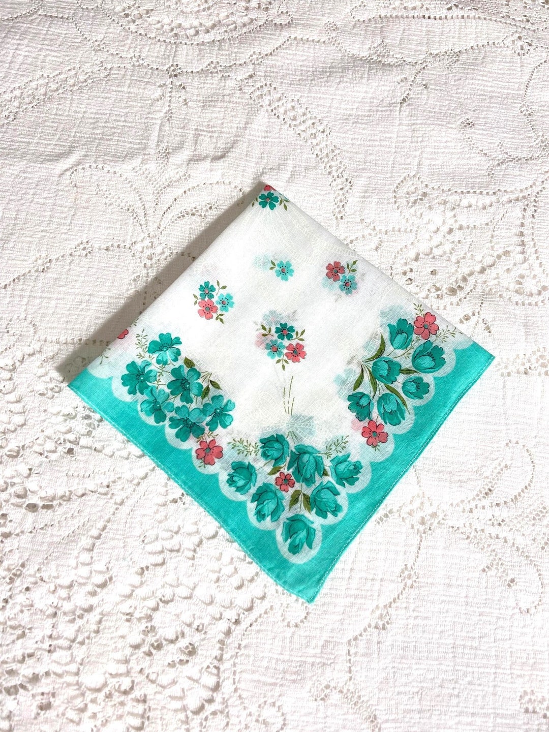 1960s Vintage Handkerchief, Aqua Floral Cotton Hankie, Bridesmaids ...
