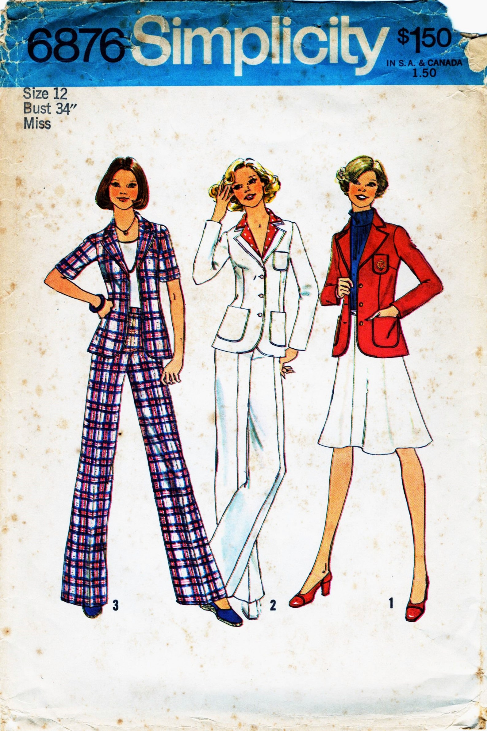 1970s Sewing Pattern, Wide Leg Pants, Blazer, Notched Collar Jacket, A ...