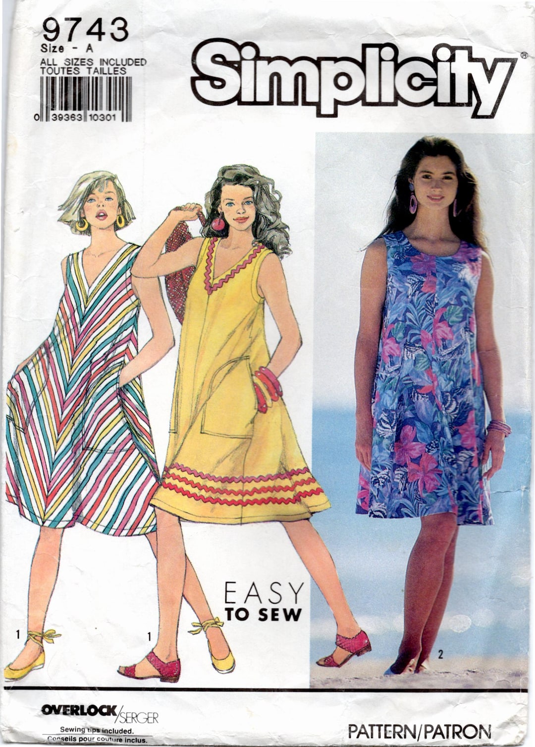 1990s Dress Sewing Pattern, Flared Pullover, Sleeveless, Knee Length, V ...