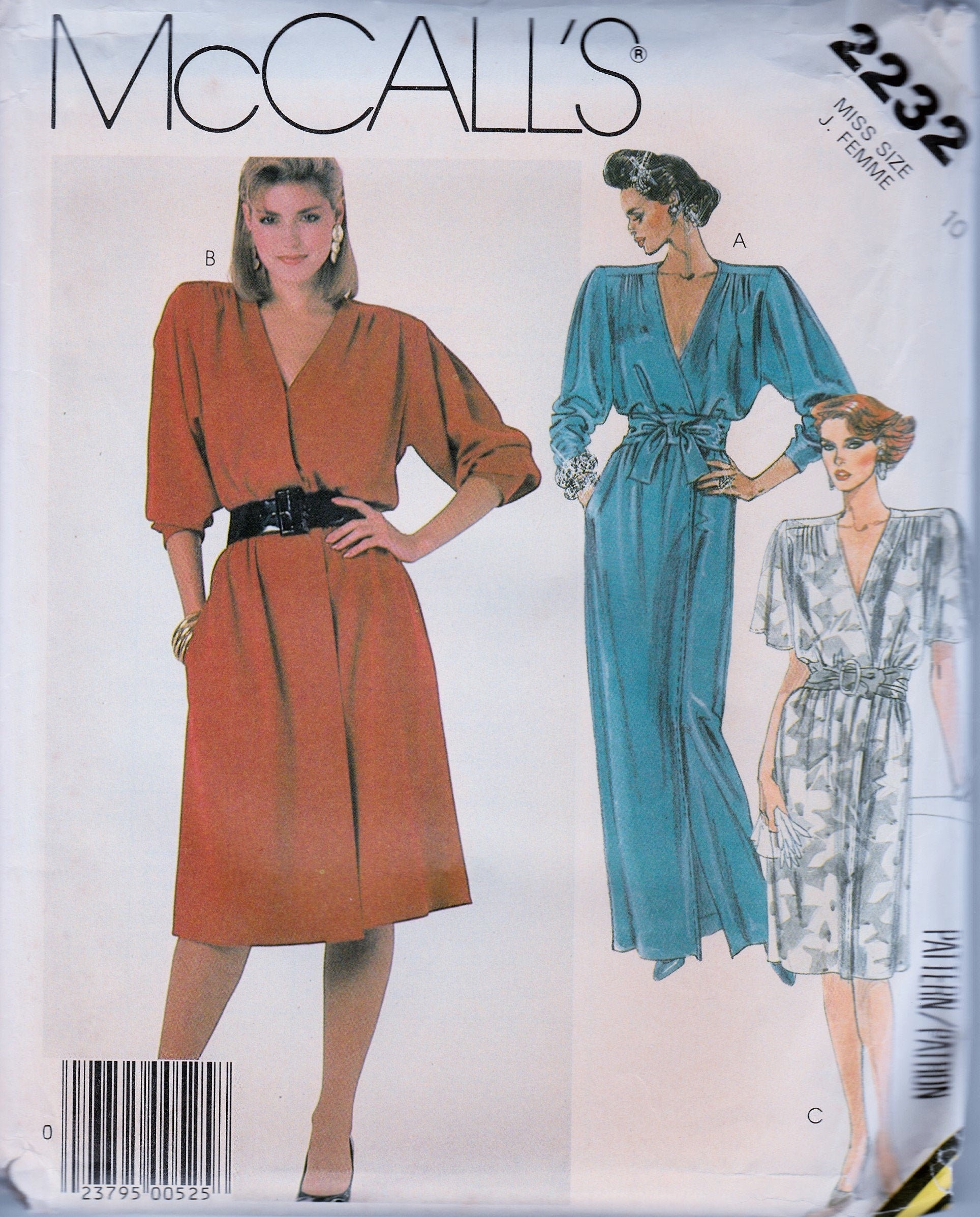 1980s Evening Dress Sewing Pattern, Mock Wrap Dress, Deep V Neckline ...