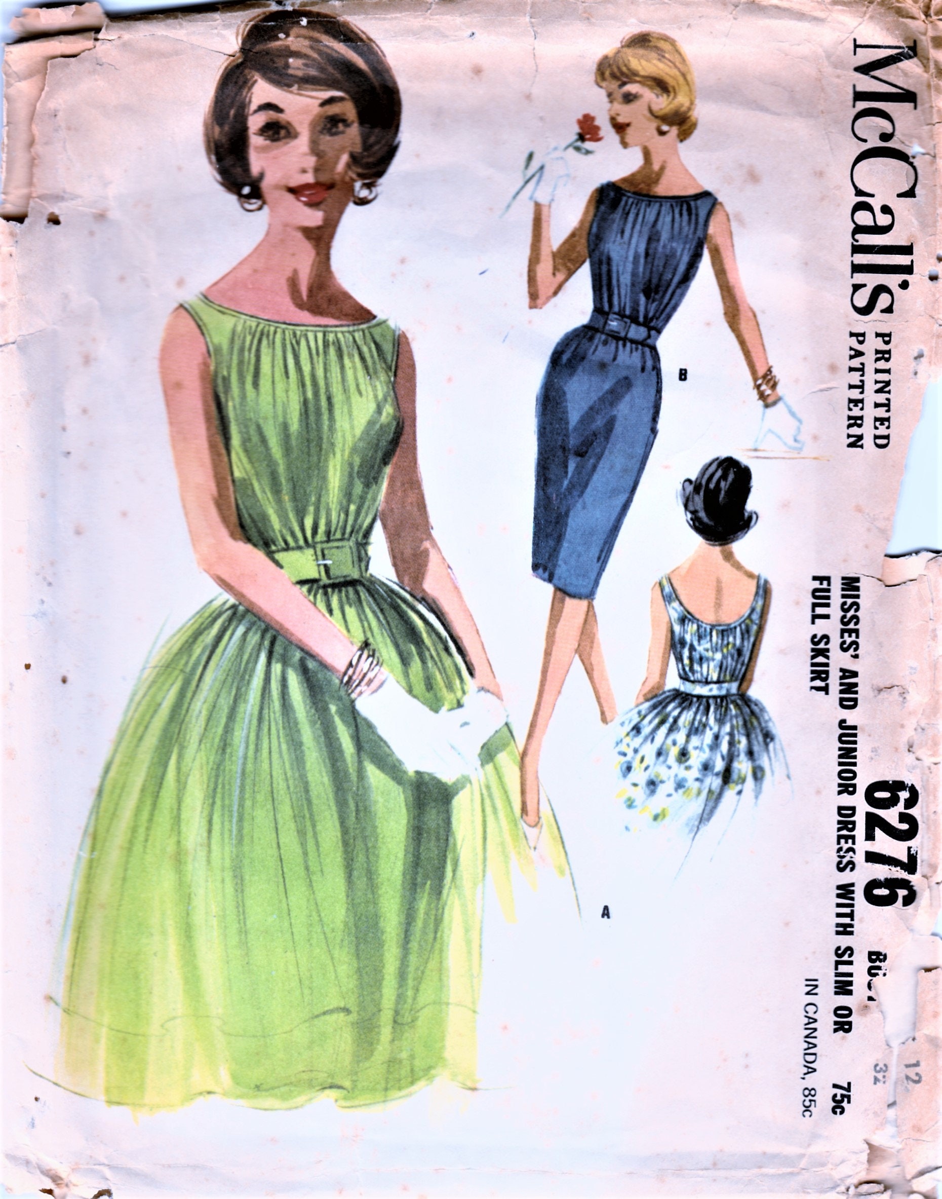 1960s Dress Sewing Pattern, Full or Slim Gored Skirt, Shirred Bodice ...