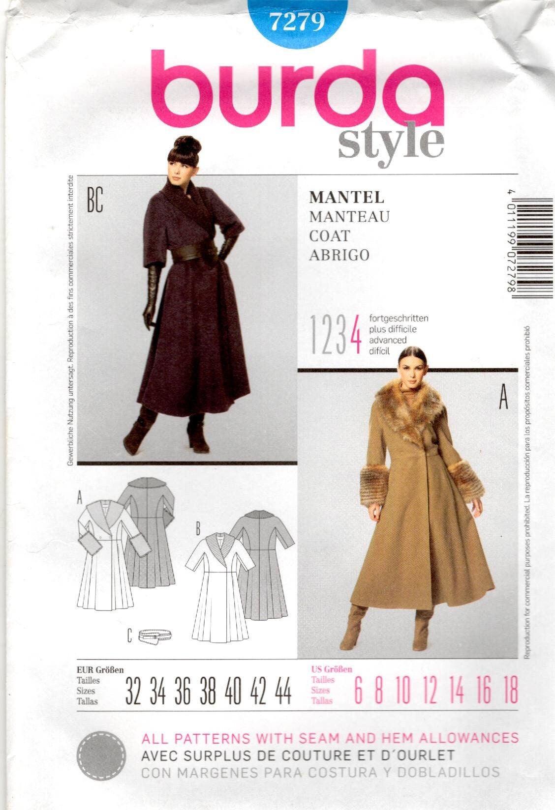 Midi Coat Sewing Pattern XS, XL, Faux Fur Collar Sleeve Cuffs, Semi ...