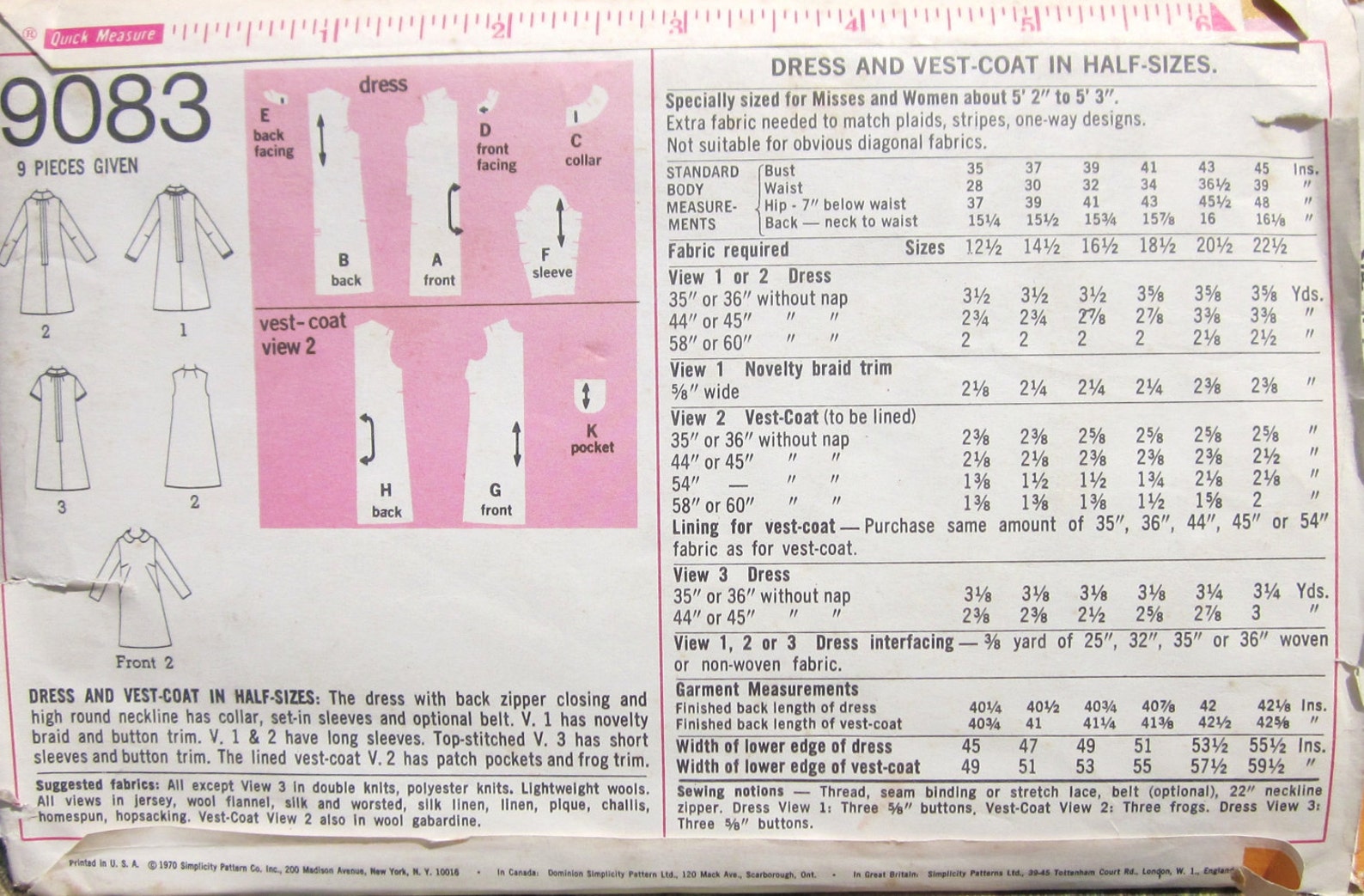 1970s Dress Vest Coat Sewing Pattern, Long Short Sleeve, Collar, Knee ...