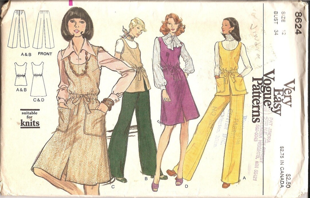 1970s Jumper Sewing Pattern, Scoop Neckline, Tunic, High Waist Pants ...