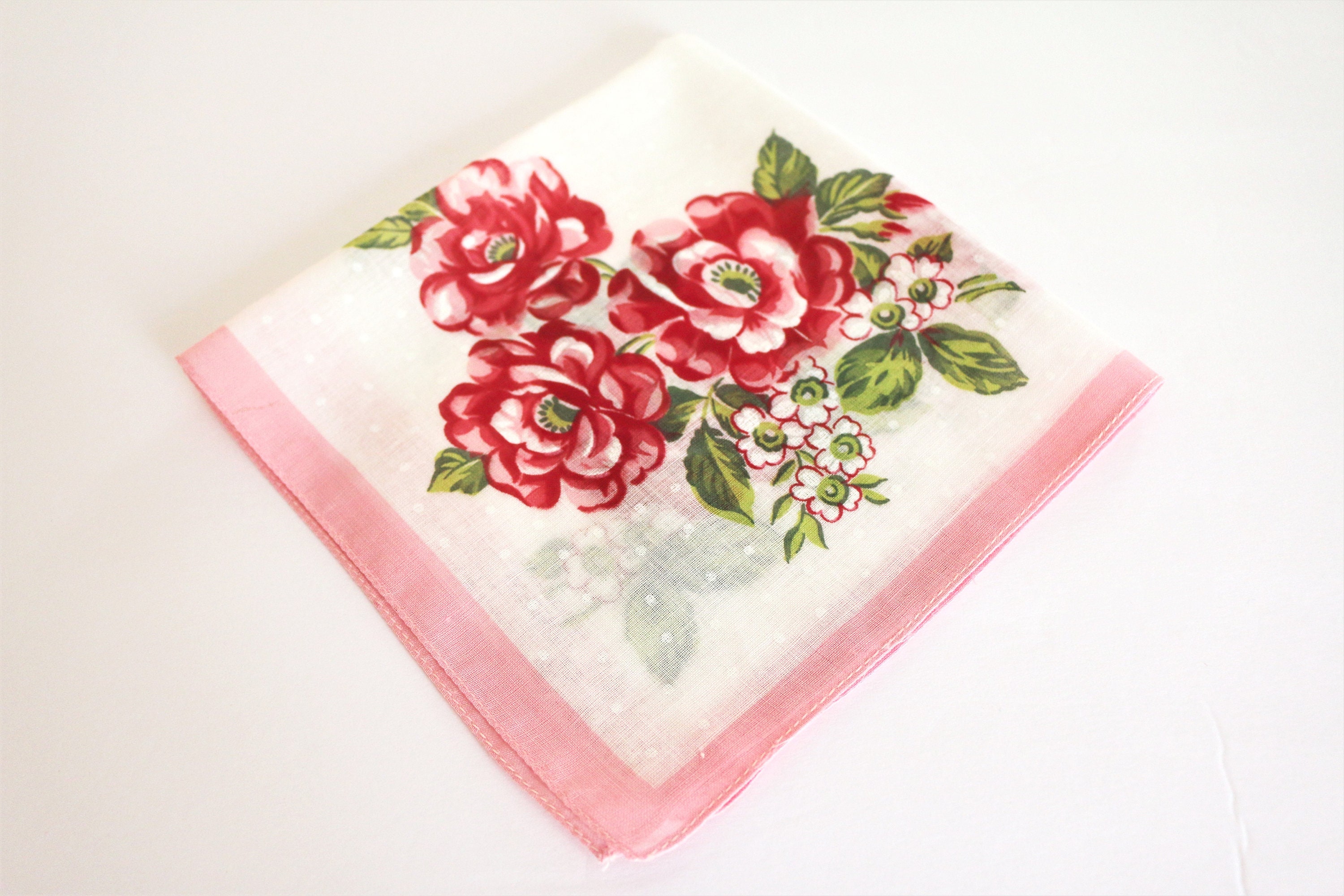 Vintage Handkerchief Hanky Roses Red Pink, White Cotton Hankie, Shower ...