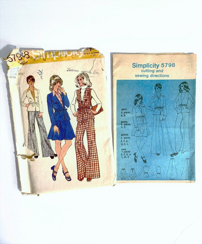 1970s Skirt Suit Sewing Pattern, Wide Leg Pants, Simplicity 5798, Bust ...