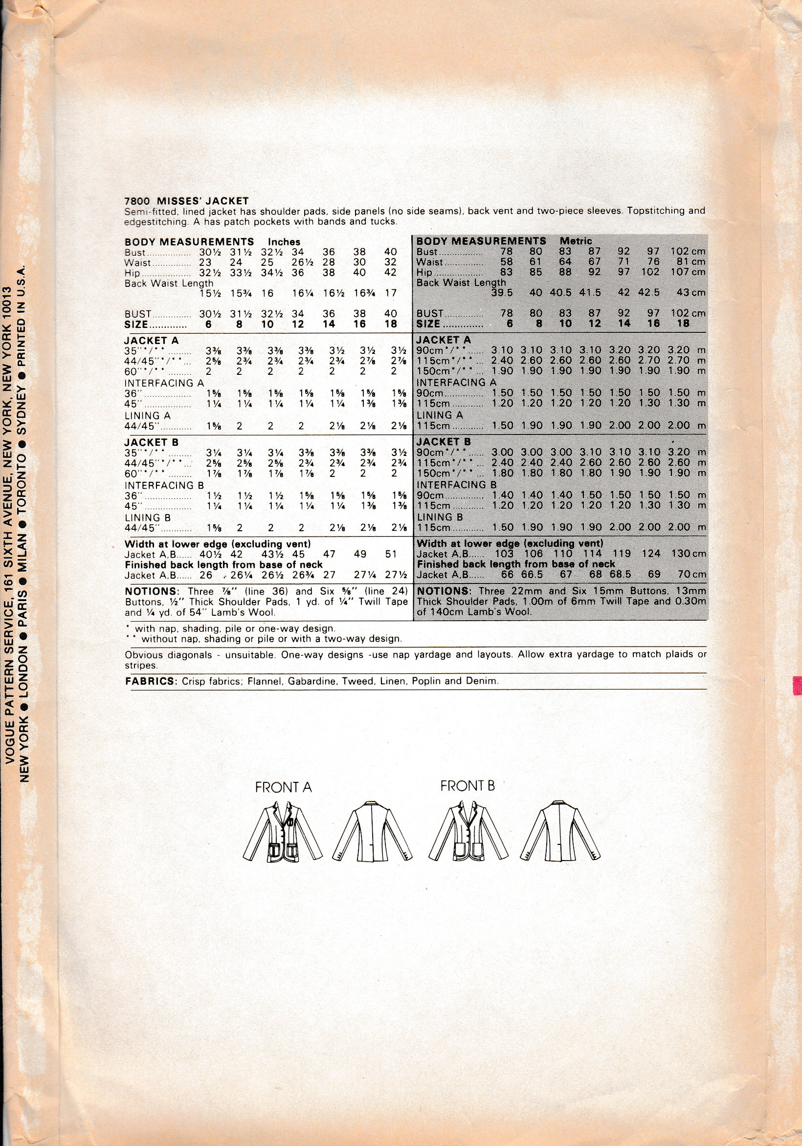 1980s Vogue Blazer Jacket Sewing Pattern, Semi Fit, Shoulder Pads, 80s ...