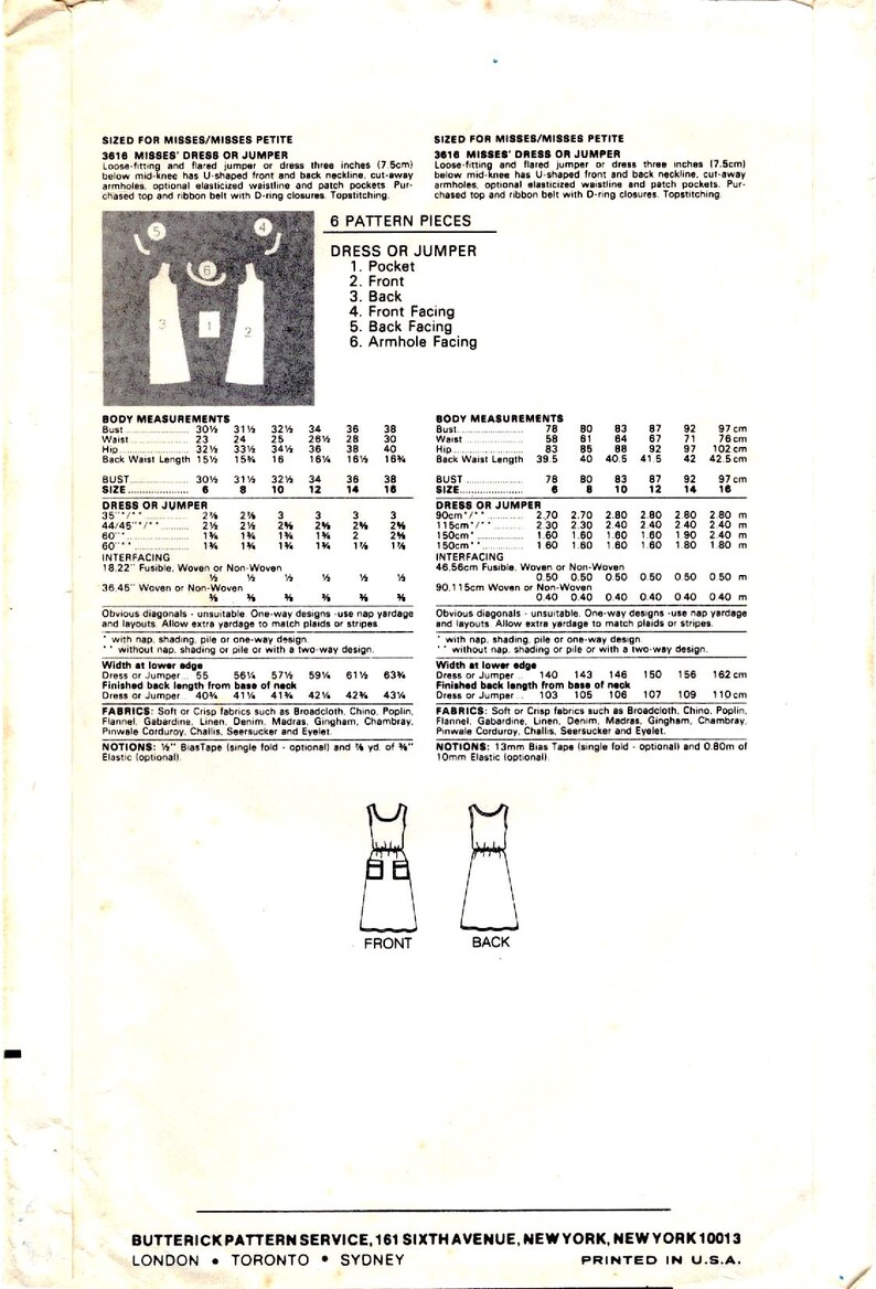 1980s Jumper Dress Sewing Pattern: Butterick 3616, Size Small, Uncut FF ...