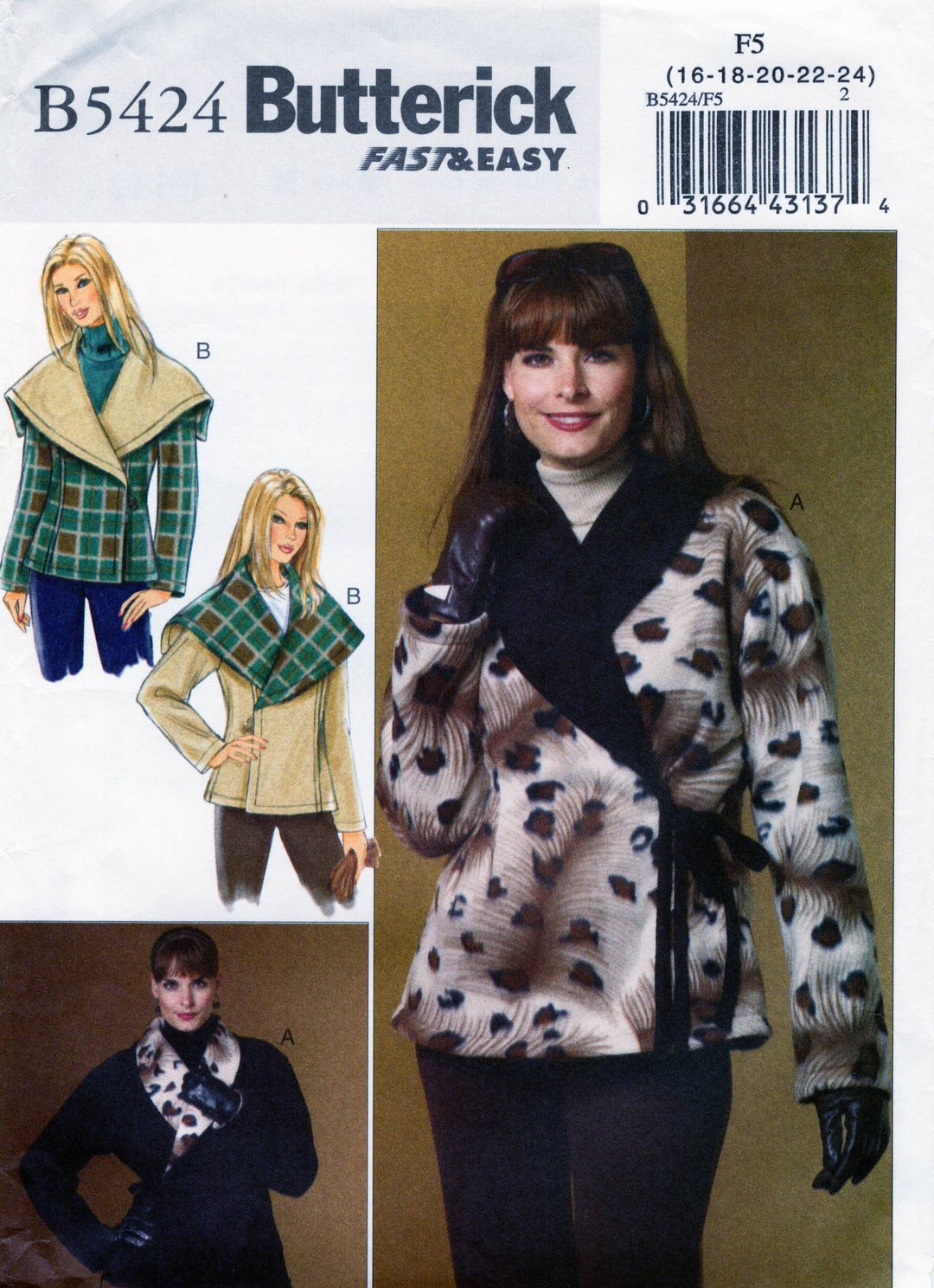 Modern Reversible Jacket Sewing Pattern, Loose Fitting Shawl Collar, 5 ...