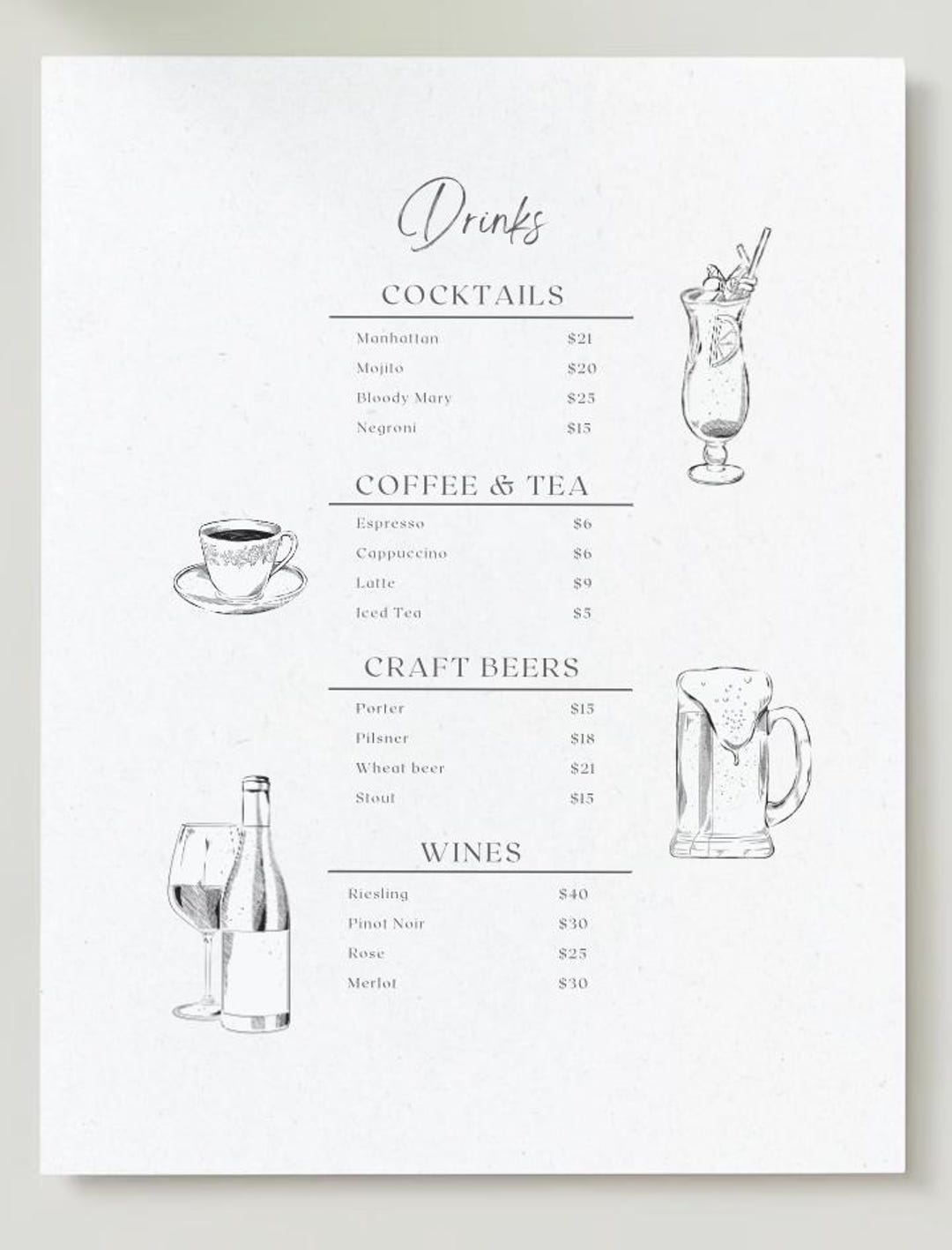 Simple Bar Menu Template, Instant Download, Editable - Etsy