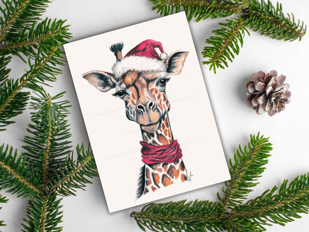 Giraffe in Santa Hat & Scarf, Printable Christmas Card, Whimsical ...