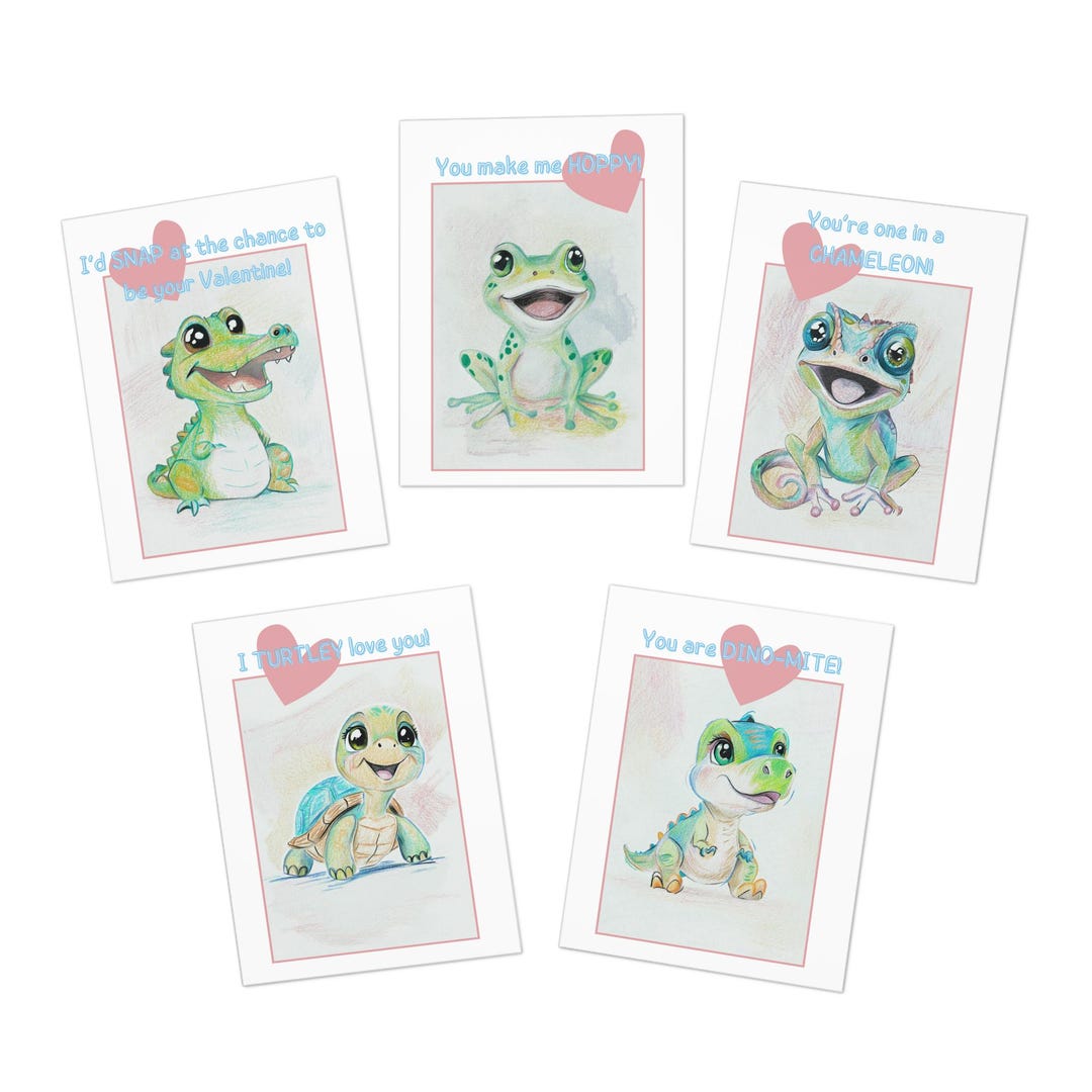 Hand Drawn Reptile/amphibian-themed Valentines Day Card Set 5-pack ...