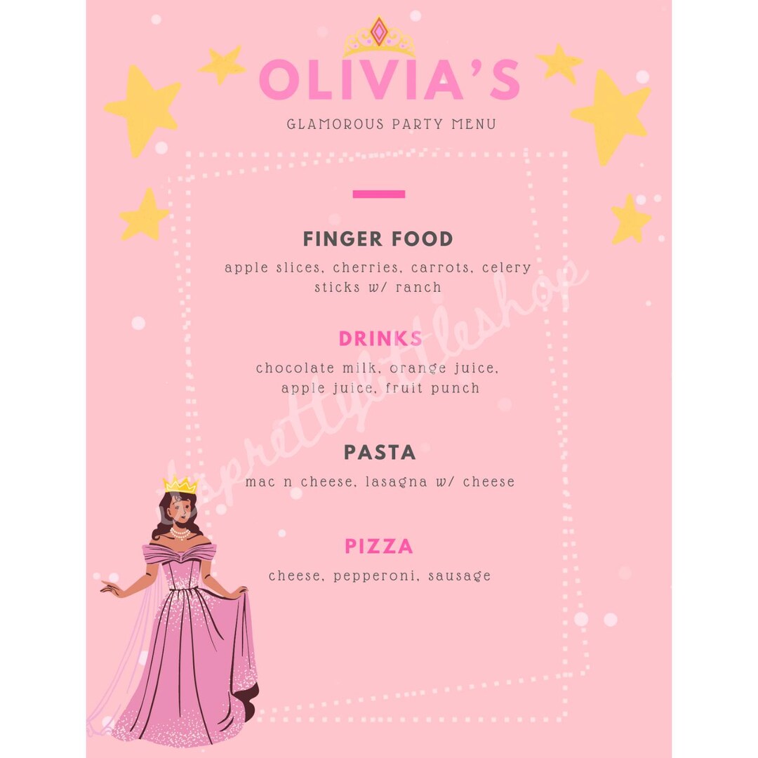 Princess Theme Food and Drink Menu for Kids - Etsy