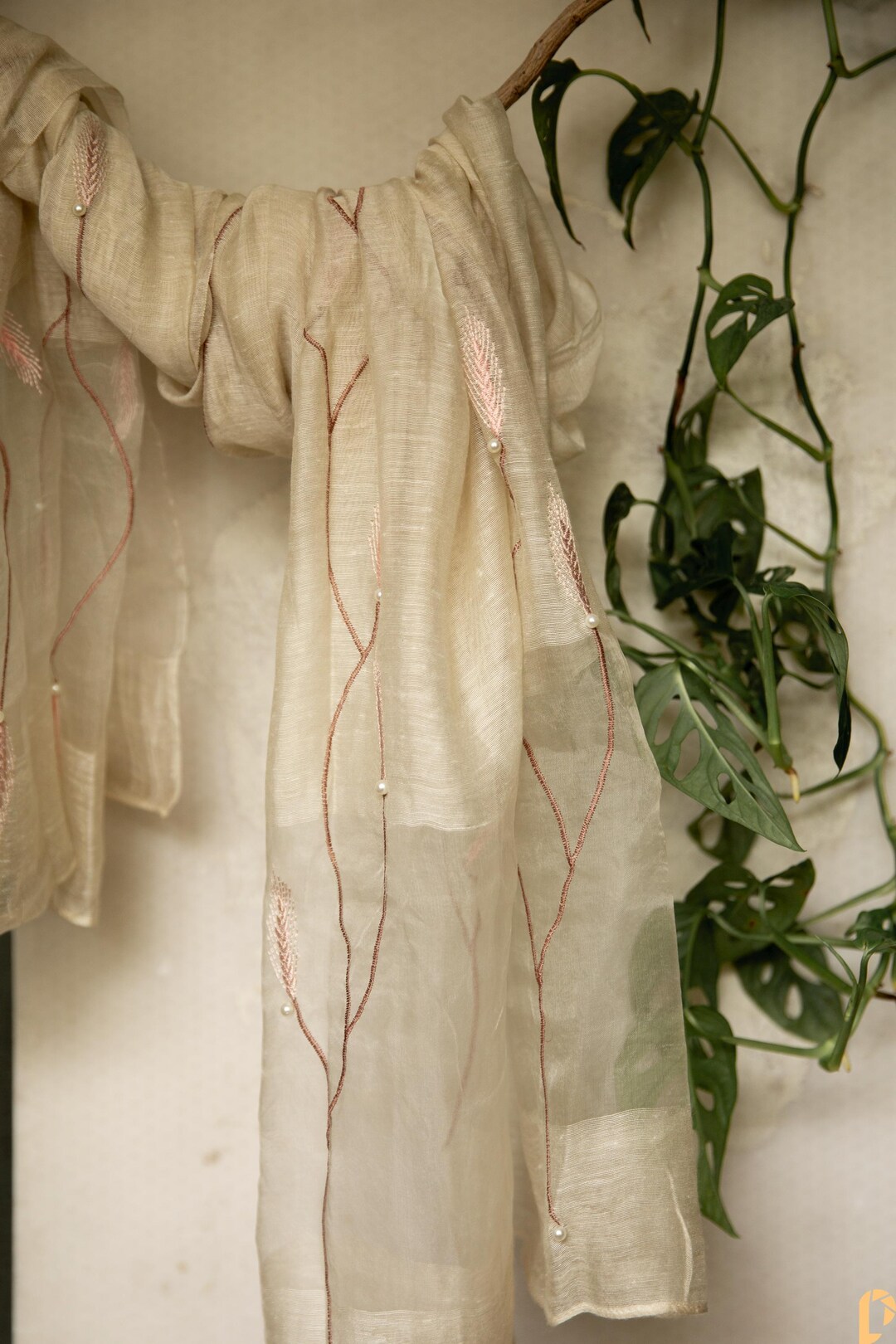 Light Gold Pearl Embellished Scarf, Embroidered Scarf, Women Scarves ...