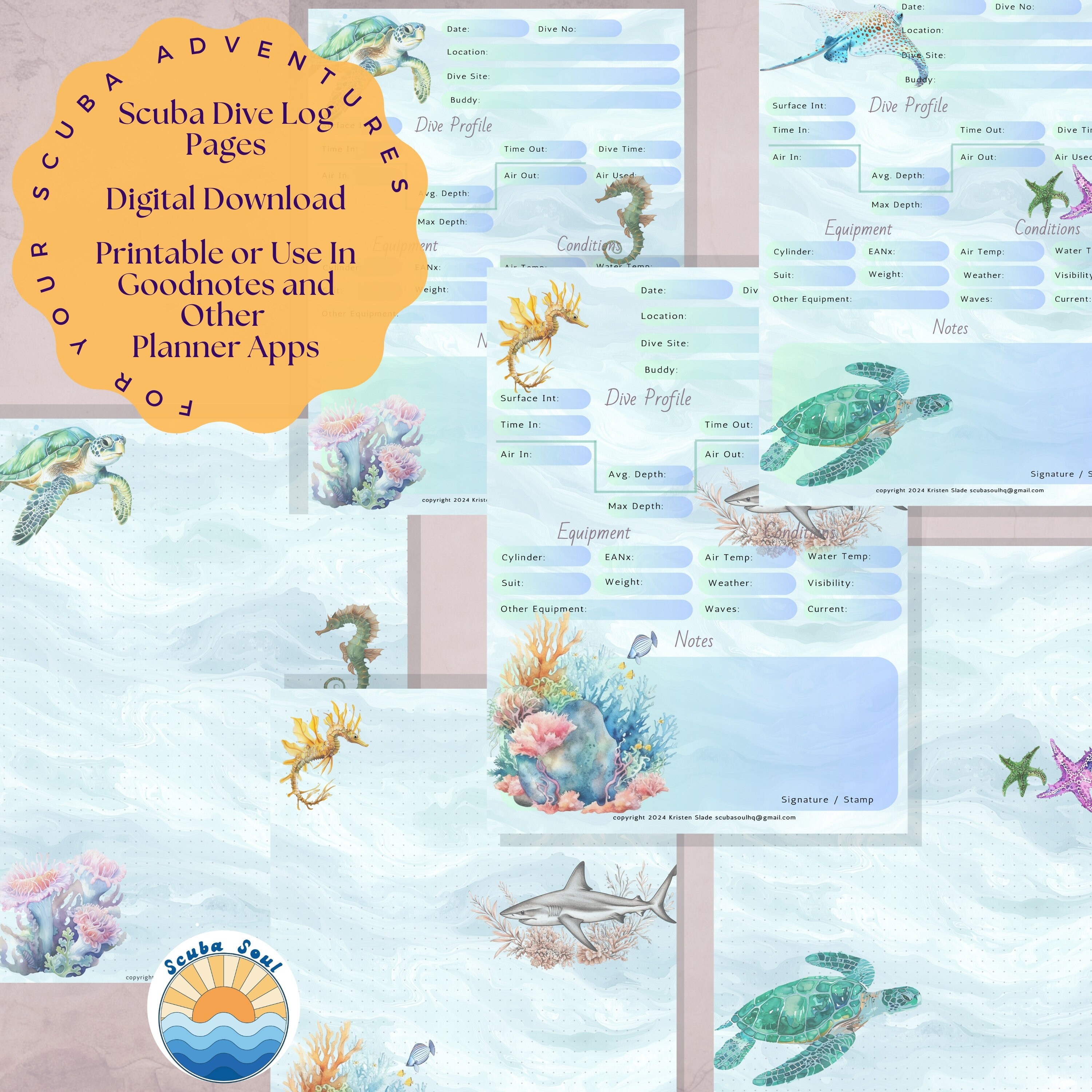 Printable Scuba Dive Log Book Sheets Digital Download Diving Log Print ...