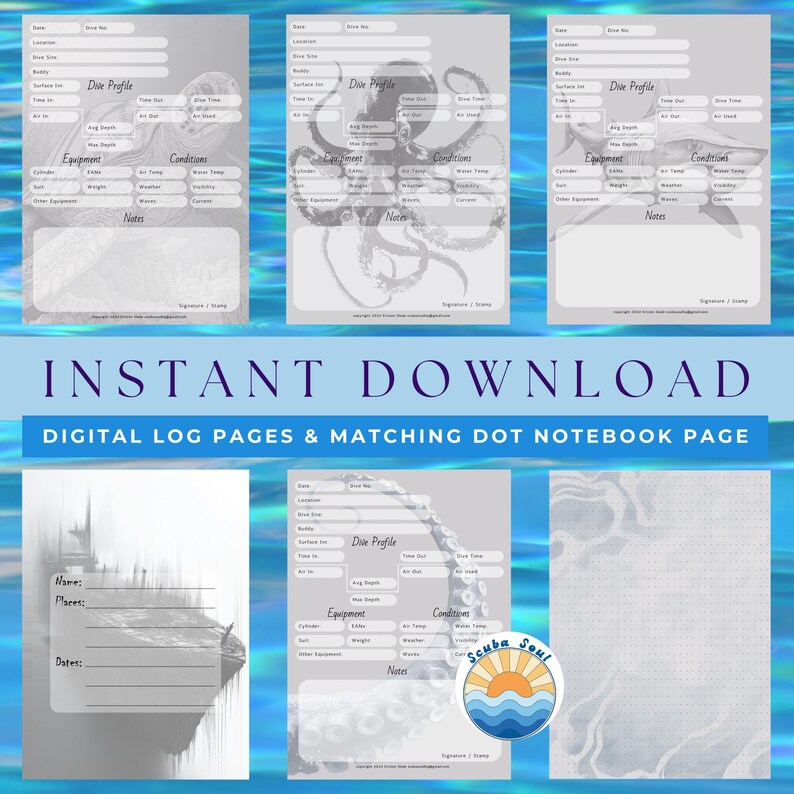 Printable Scuba Dive Log Book Sheets Digital Download Diving Log Print ...