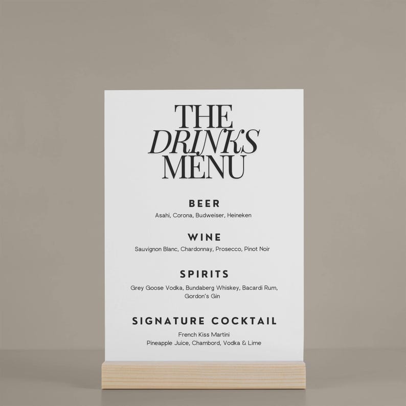 Minimalist Bar Menu TEMPLATE, Simple Drinks Menu Sign, A4 Printable ...