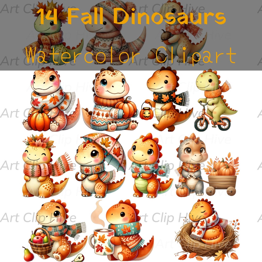 Cute Autumn Dinosaurs Clipart, Watercolor Cartoon Dino PNG, Fall Baby ...