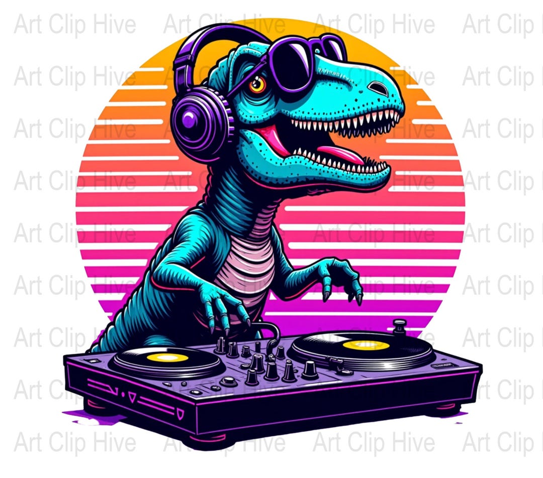 Cute DJ Dinosaur Png, Retro Dinosaur Wall Art, Colorful Dinosaur DJ ...