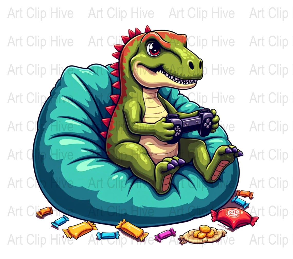 Fun Gaming Dinosaur Png, Cute Cartoon T-rex Playing Video Games Clipart ...