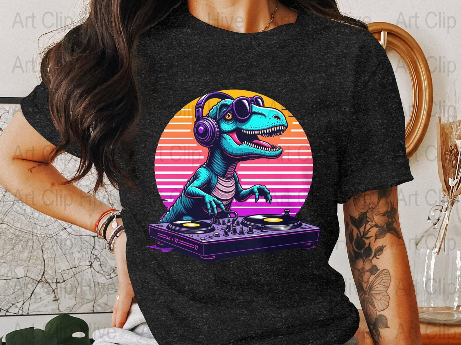 Cute DJ Dinosaur Png, Retro Dinosaur Wall Art, Colorful Dinosaur DJ ...