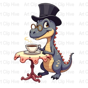 T-rex Tea Party Clipart PNG, Whimsical Dinosaur Drinking Tea ...