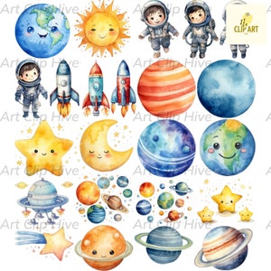 Watercolor Space Clipart Set, Cute Astronaut PNG, Solar System Planets ...