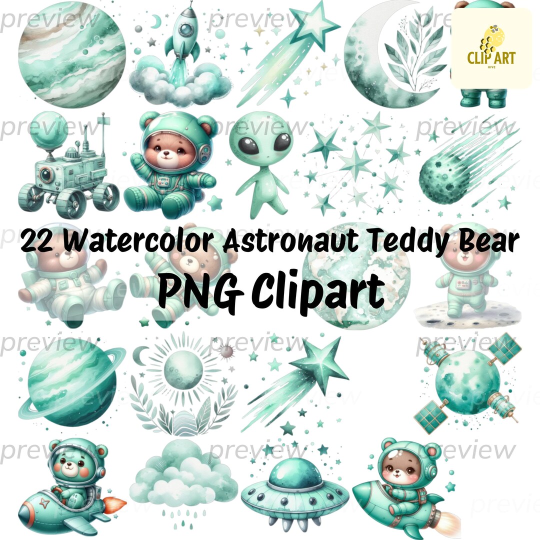 Astronaut and Space Watercolor Clipart, Cute Alien Bear PNG, Nursery ...