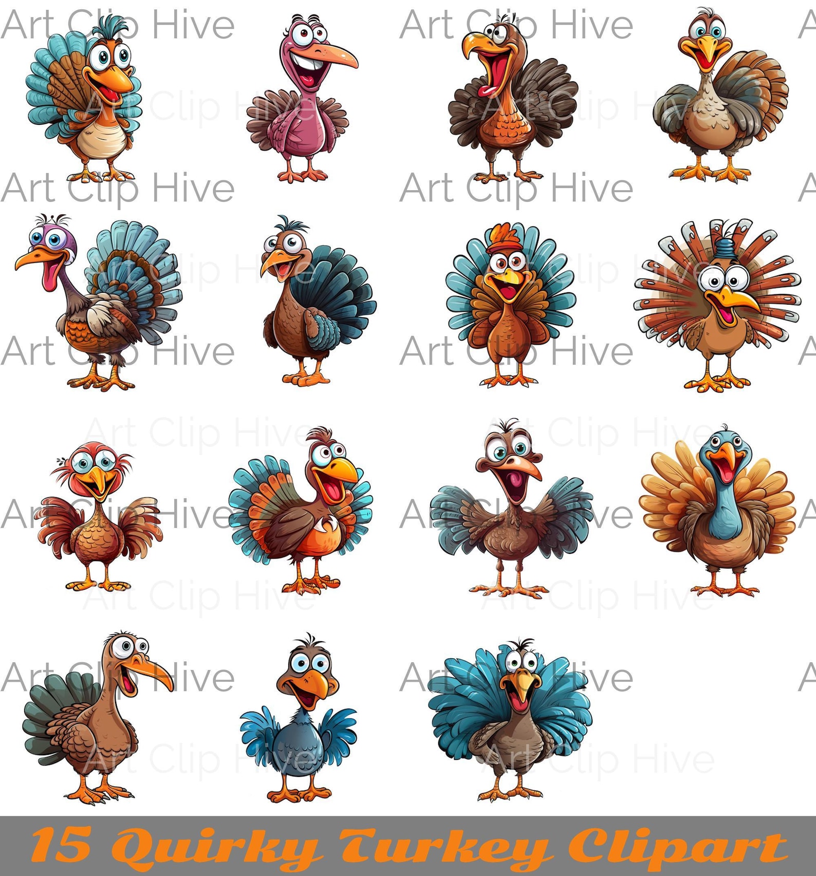 Cute Turkey Clipart, Quirky Cartoon Turkey PNG, Thanksgiving Day Decor ...