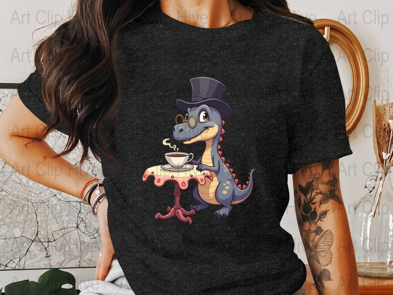 T-rex Tea Party Clipart PNG, Whimsical Dinosaur Drinking Tea ...