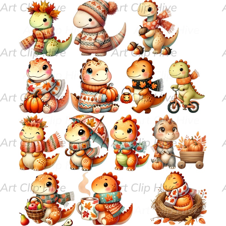 Cute Autumn Dinosaurs Clipart, Watercolor Cartoon Dino PNG, Fall Baby ...