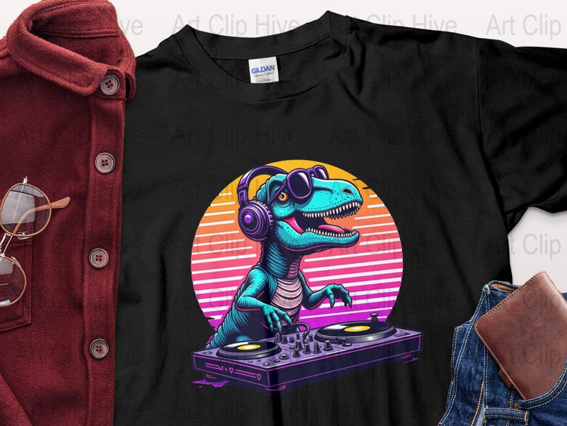 Cute DJ Dinosaur Png, Retro Dinosaur Wall Art, Colorful Dinosaur DJ ...