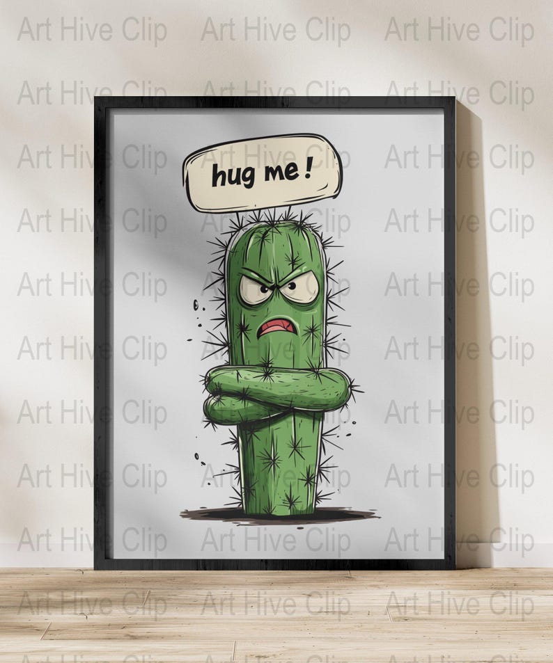 Funny Cactus PNG, Angry Cartoon Cactus With Hug Me Quote, Digital Cactus Clipart, Cute Cactus ...