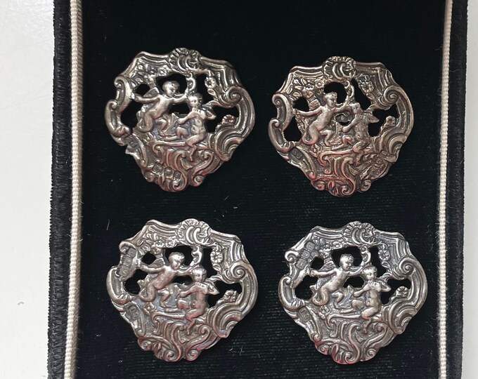 Four Antique Sterling Cherub Buttons - 4 English British Sterling Button Set, Putti Sterling ...
