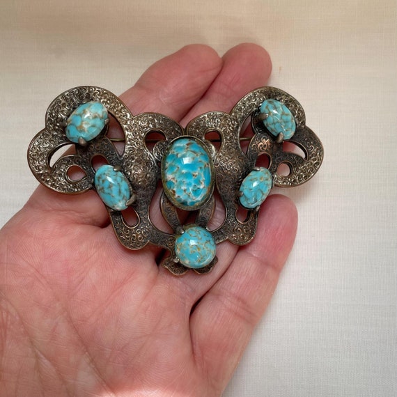 Art Nouveau Style Sash Pin with Mottled Turquoise Gla… - Gem