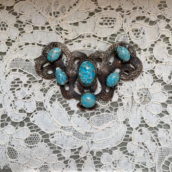 Art Nouveau Style Sash Pin with Mottled Turquoise Gla… - Gem
