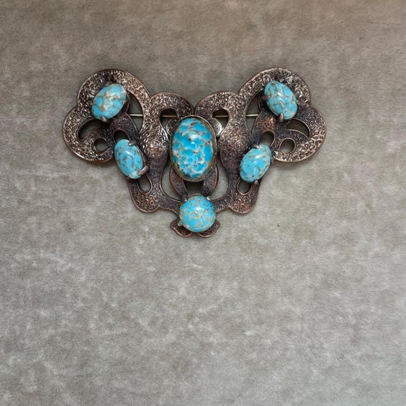 Art Nouveau Style Sash Pin with Mottled Turquoise Gla… - Gem