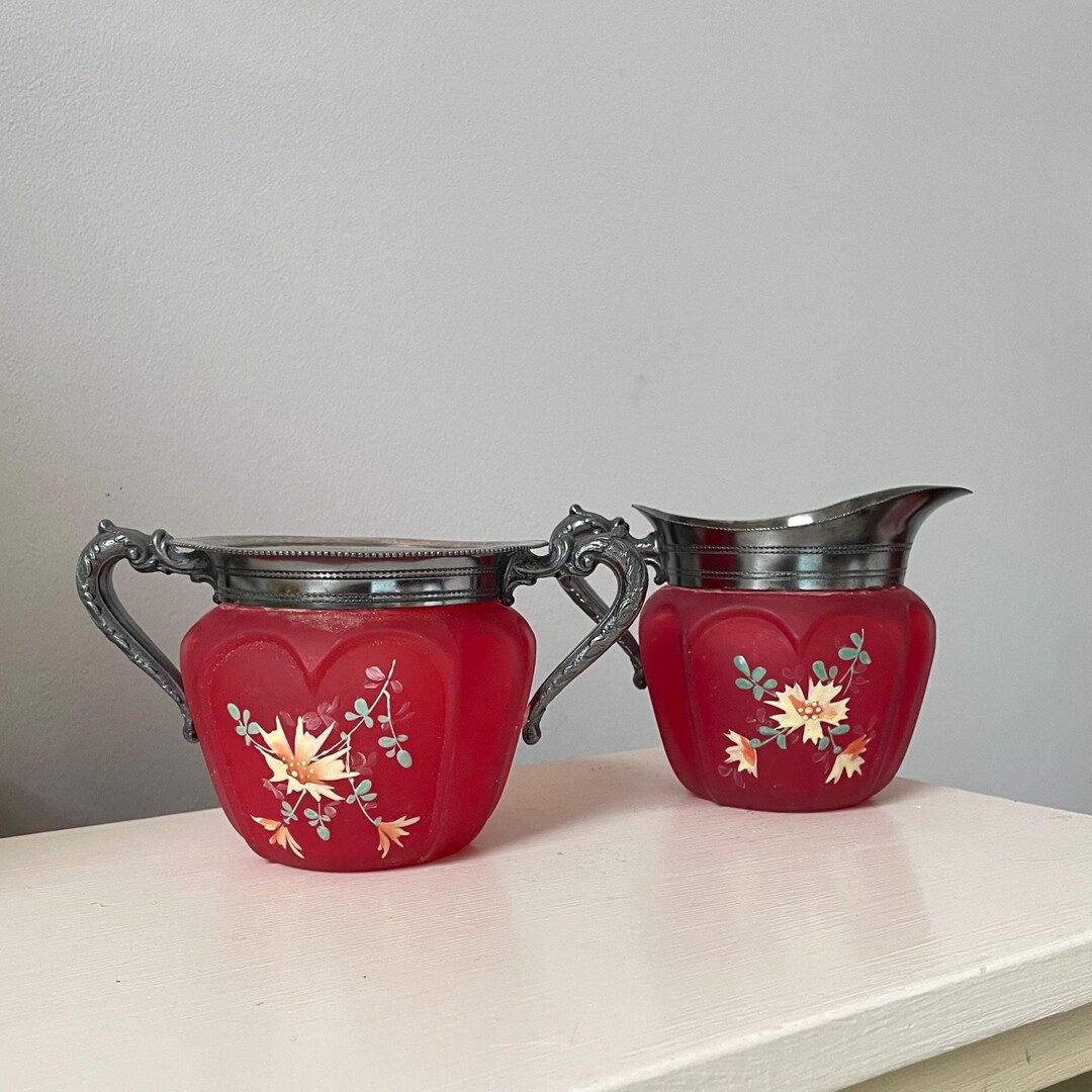 Enamel Painted Red Glass Silver Plate Creamer & Sugar Antique Victorian ...