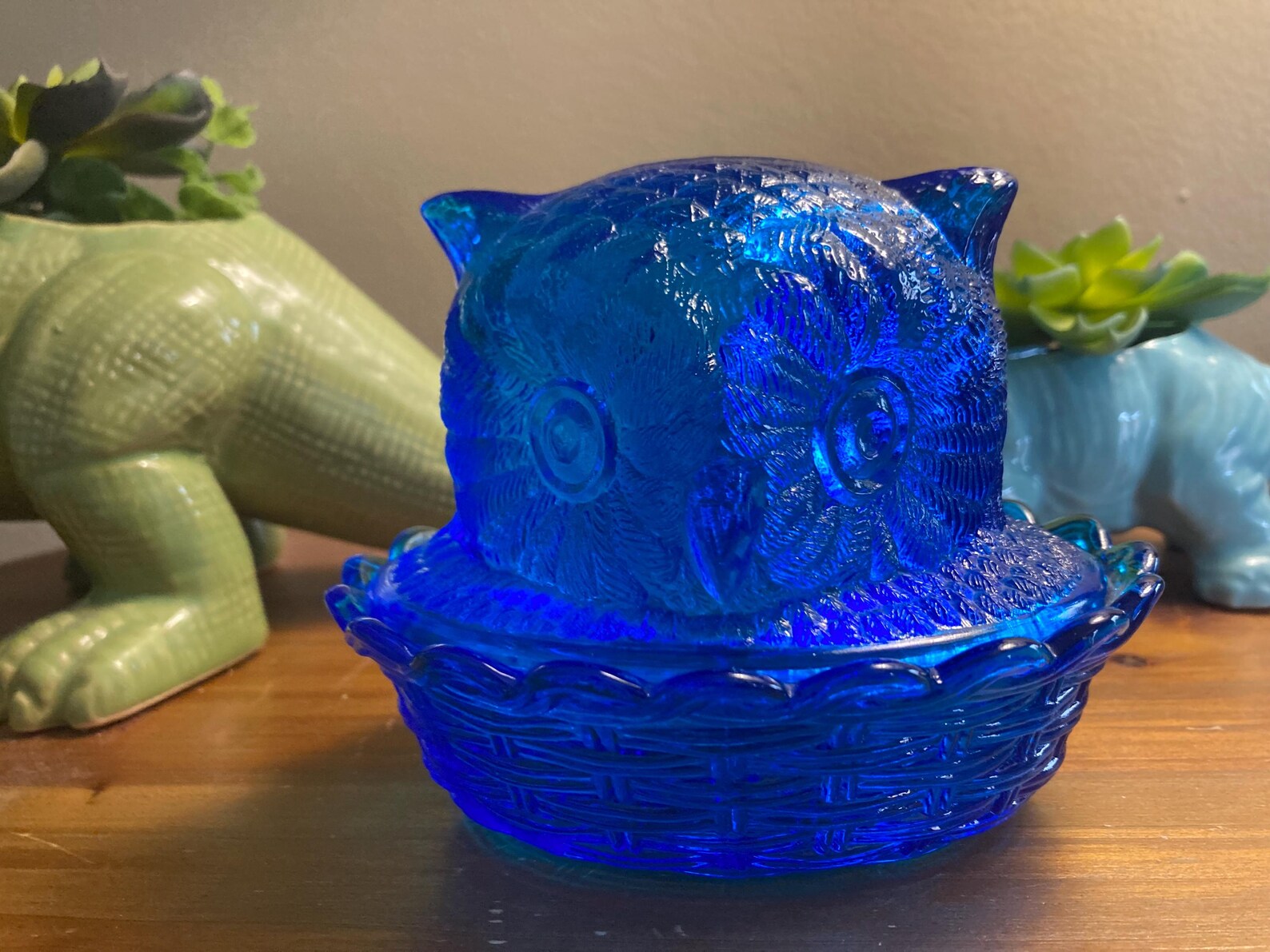 Vintage Fenton LG Wright Owl Blue Dish Gift Retro Cute Nature Glassware ...