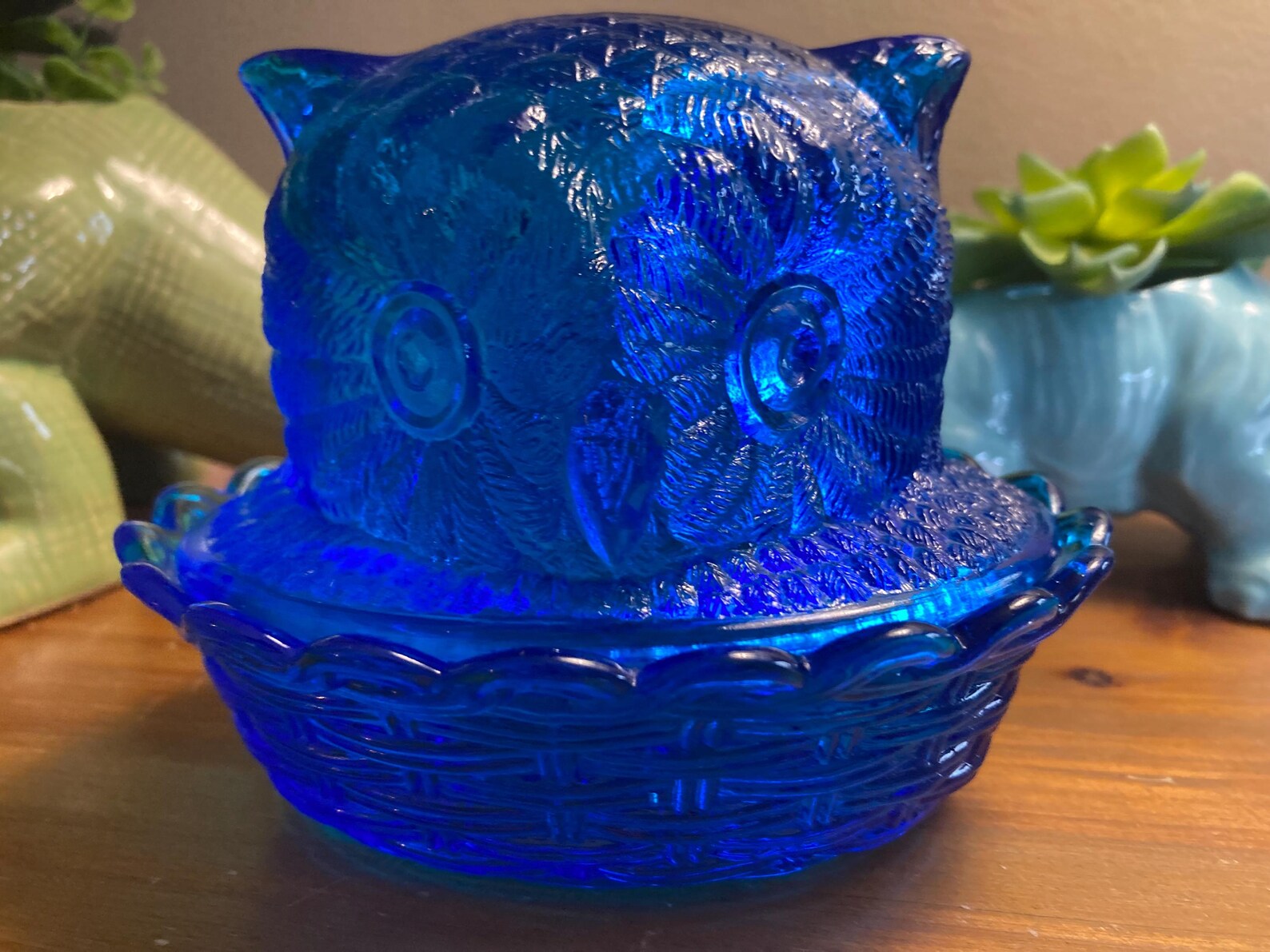 Vintage Fenton LG Wright Owl Blue Dish Gift Retro Cute Nature Glassware ...