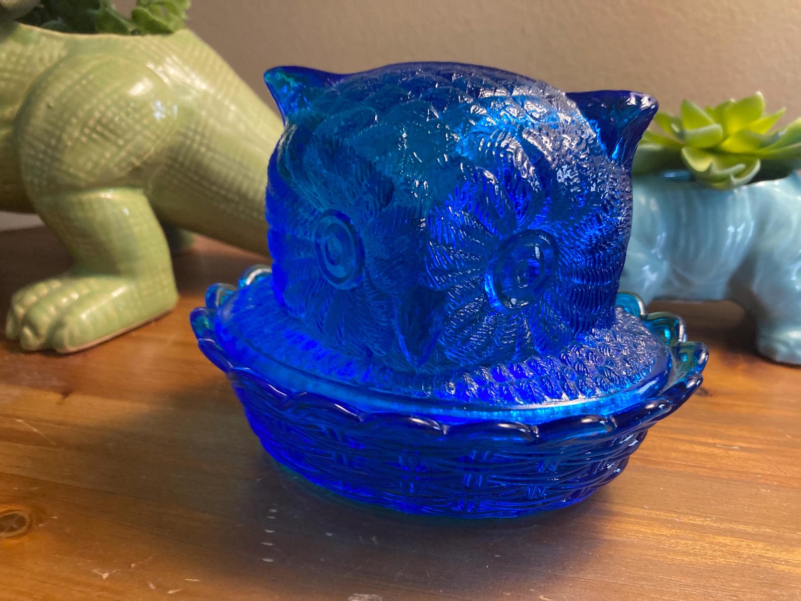 Vintage Fenton LG Wright Owl Blue Dish Gift Retro Cute Nature Glassware ...