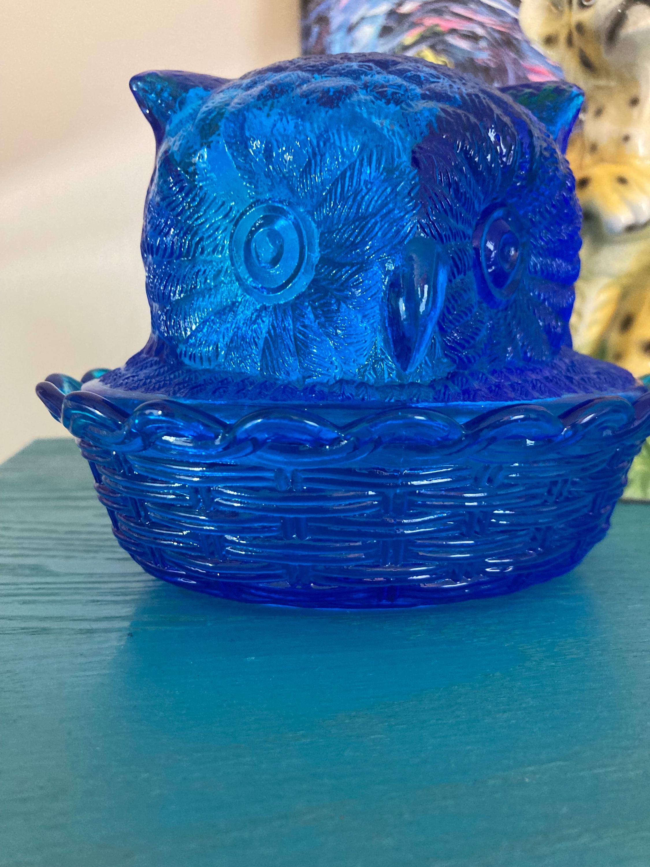 Vintage Fenton LG Wright Owl Blue Dish Gift Retro Cute Nature Glassware ...