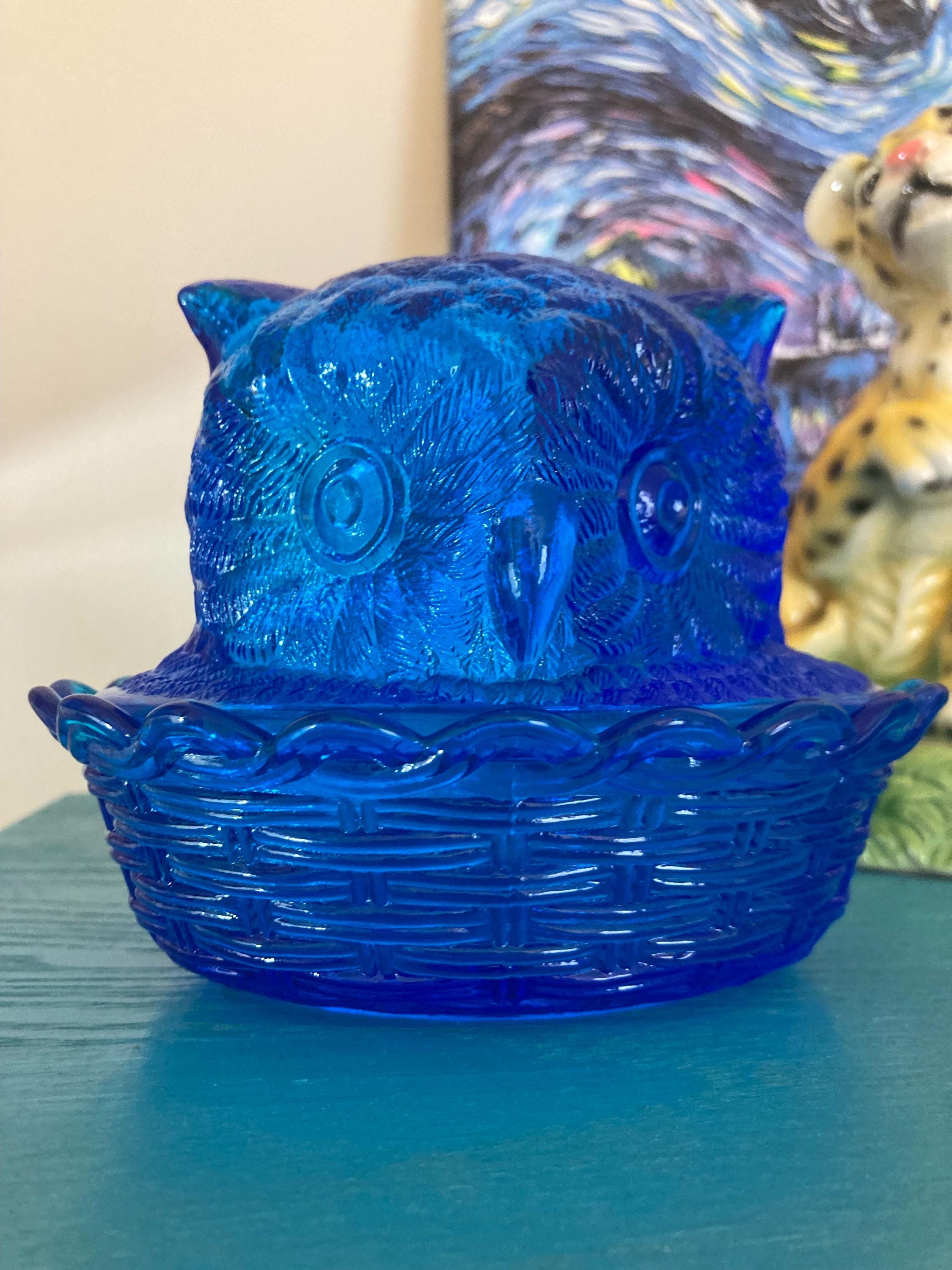 Vintage Fenton LG Wright Owl Blue Dish Gift Retro Cute Nature Glassware ...