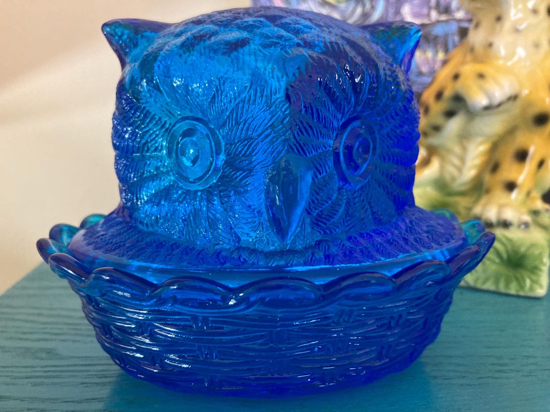 Vintage Fenton LG Wright Owl Blue Dish Gift Retro Cute Nature Glassware ...