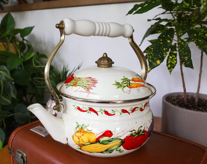 Vintage Enamelware Tea Kettle, Cottagecore, Summer Vegetable Design - Etsy