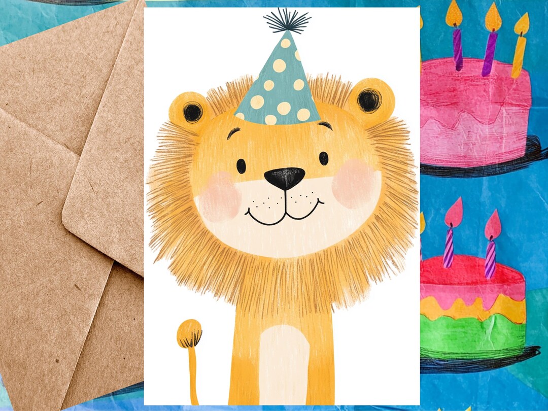 Cute Lion Birthday Card for Kid - Happy Birthday Card Lion Illustration ...