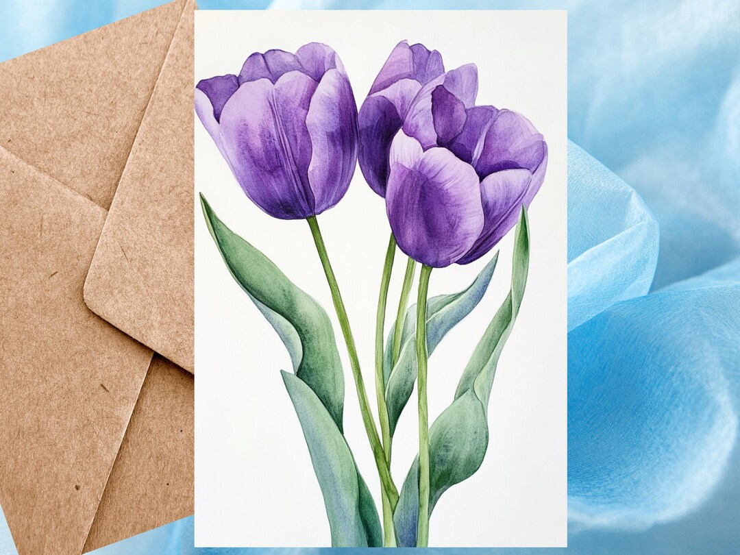 Purple Tulip Flower Card, Floral Print, Watercolor Floral Card, Spring ...